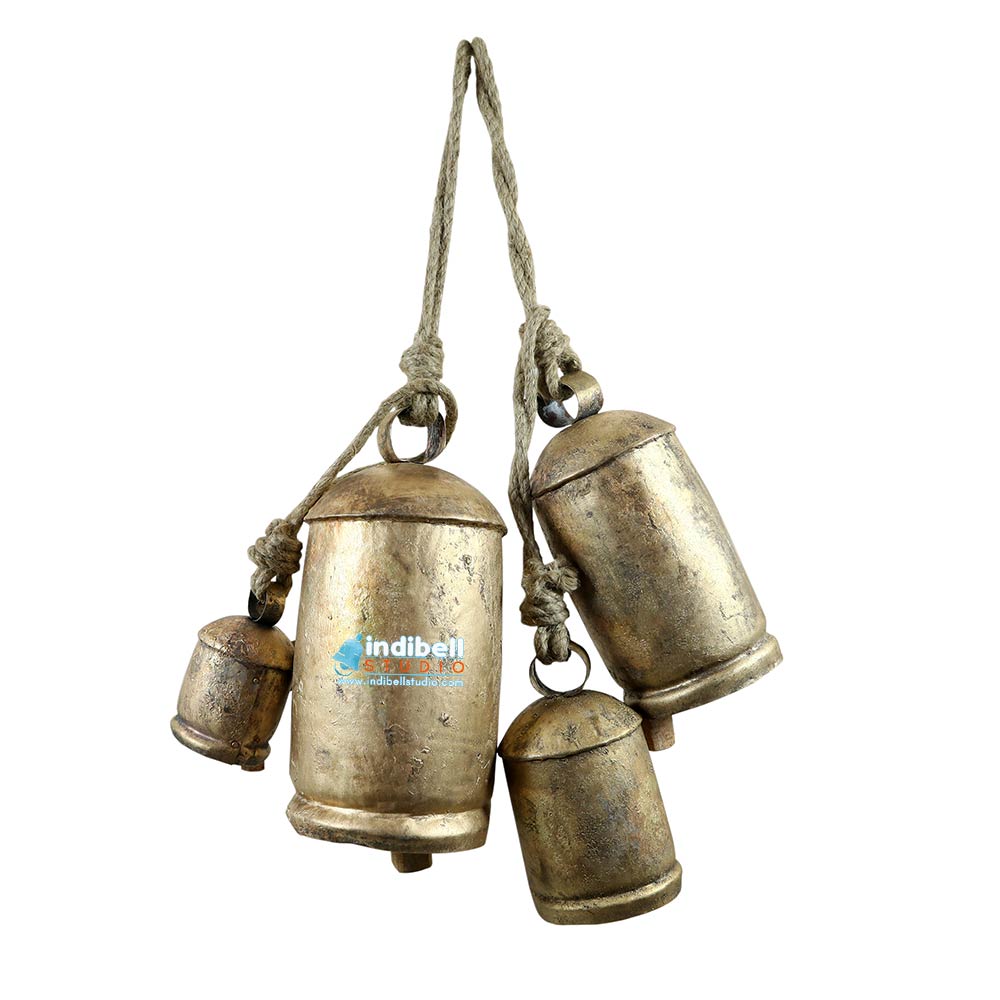 4 Graded Rustic Hanging Harmony Bells On Jute Rope