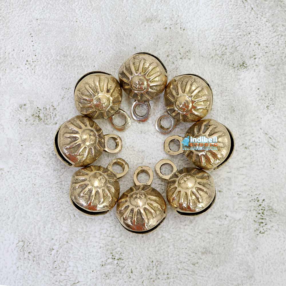 Rugged Rusty Brass Gold Sleigh Bells, Sun Face Celestial Gremlin Bell