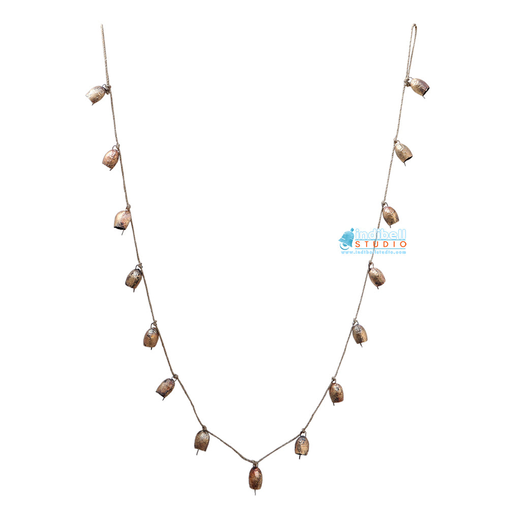 Garland of Mini Rustic Bells on Jute, 15 Mongolian Bells 6 Feet long