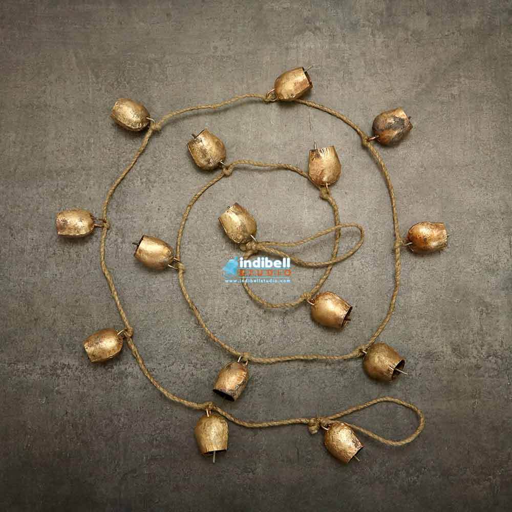 Garland of Mini Rustic Bells on Jute, 15 Mongolian Bells 6 Feet long