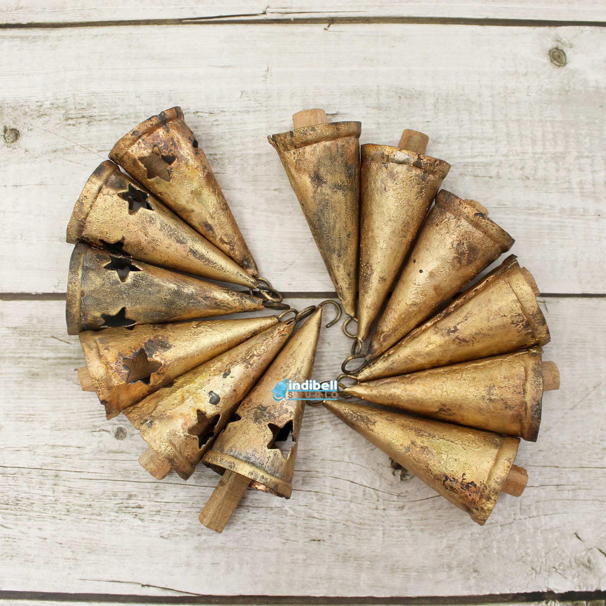 Mix Rustic Cone Triangle Iron Bells Large, Star Stamped and Traditiona