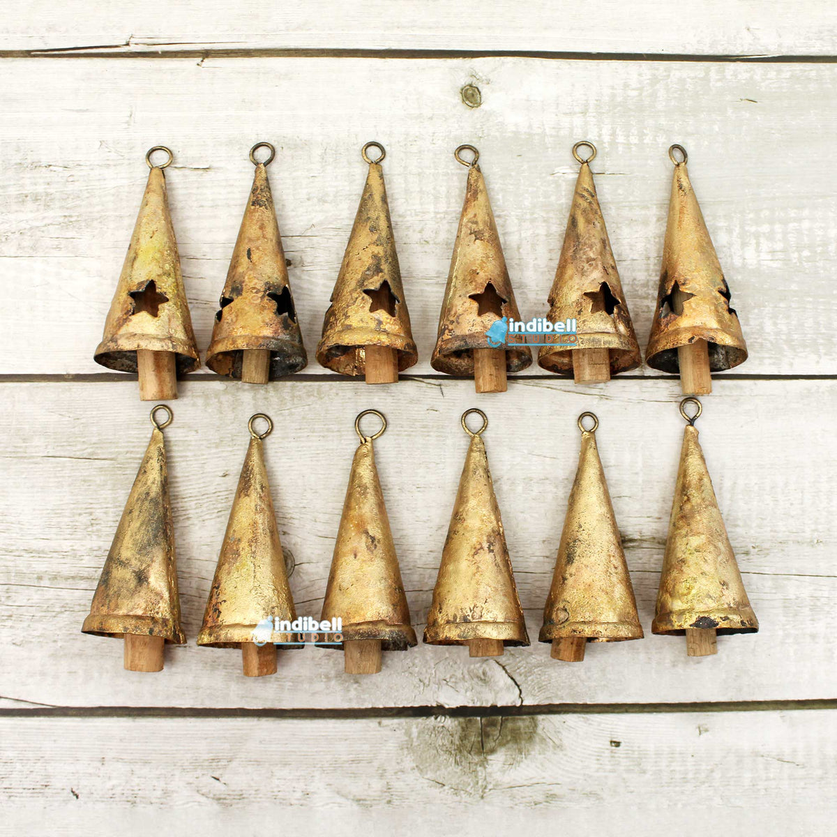 Mix Rustic Cone Triangle Iron Bells Large, Star Stamped and Traditiona